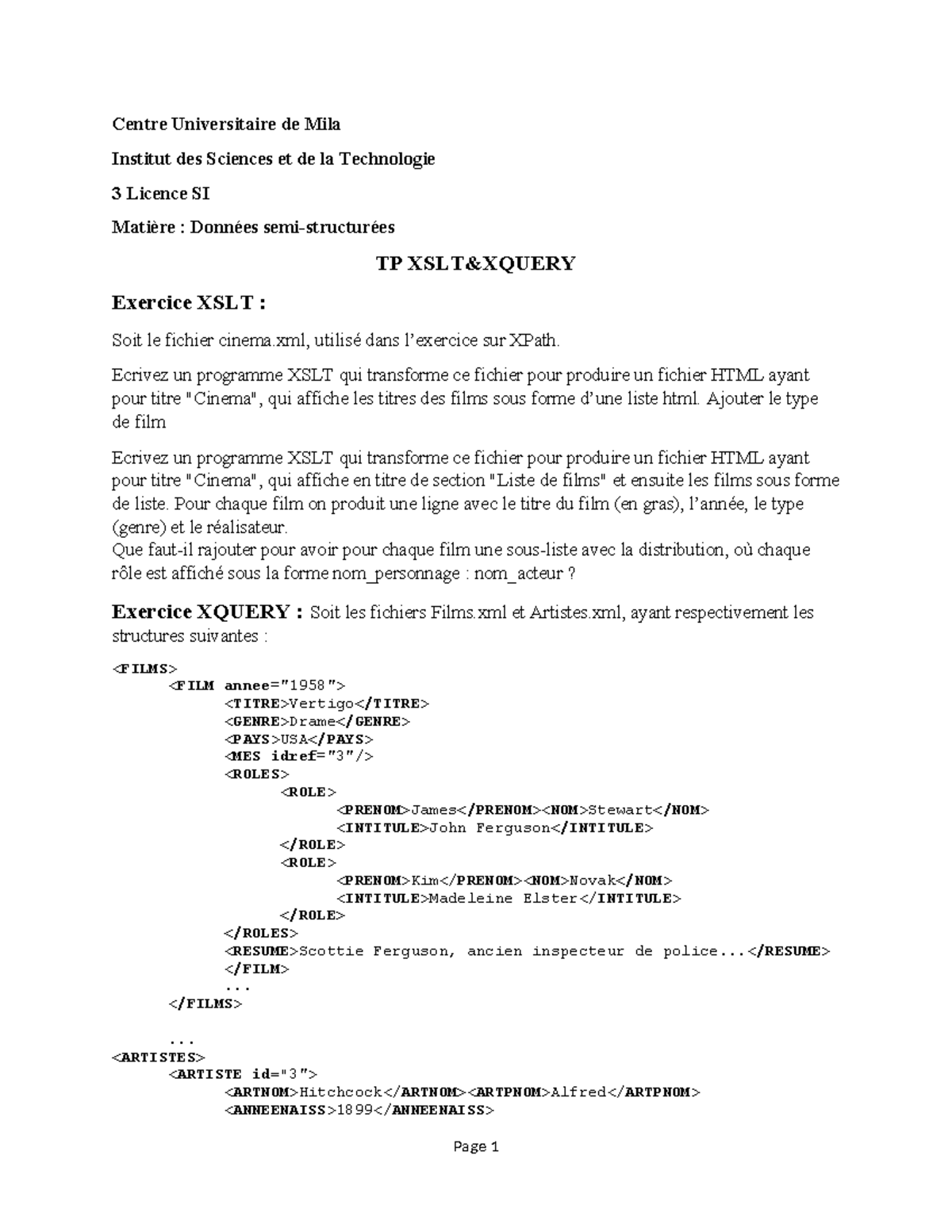 TP XSLT & XQUERY: Transformation de fichiers XML en HTML - Studocu