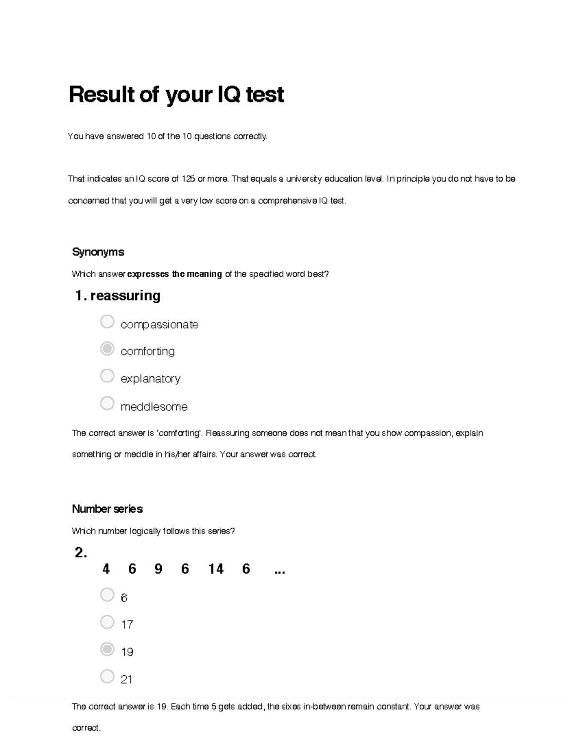 IQ Test - Sample of IQ Test - Result of your IQ test You have answered ...