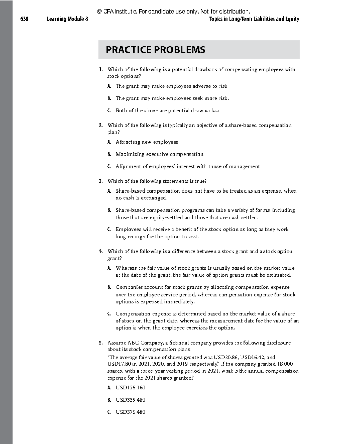 CFA1 FSA 2024 M8 Practice Questions on Long-Term Liabilities & Equity ...