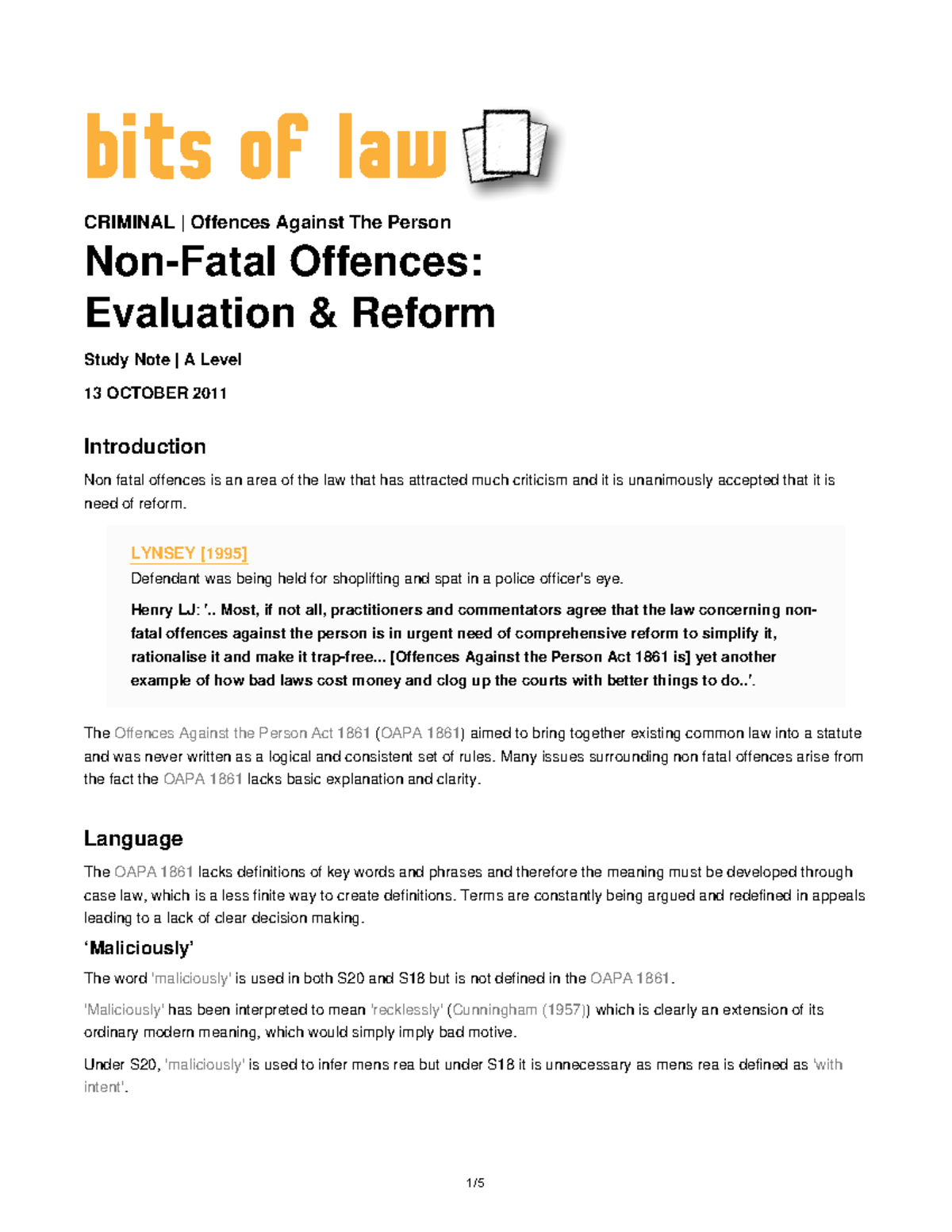 Non fatal - evaluation reform - bits of law CRIMINAL | Offences Against ...