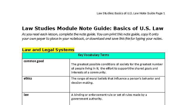 Basics of U.S. Law Module Note Guide (LAW101) - Studocu
