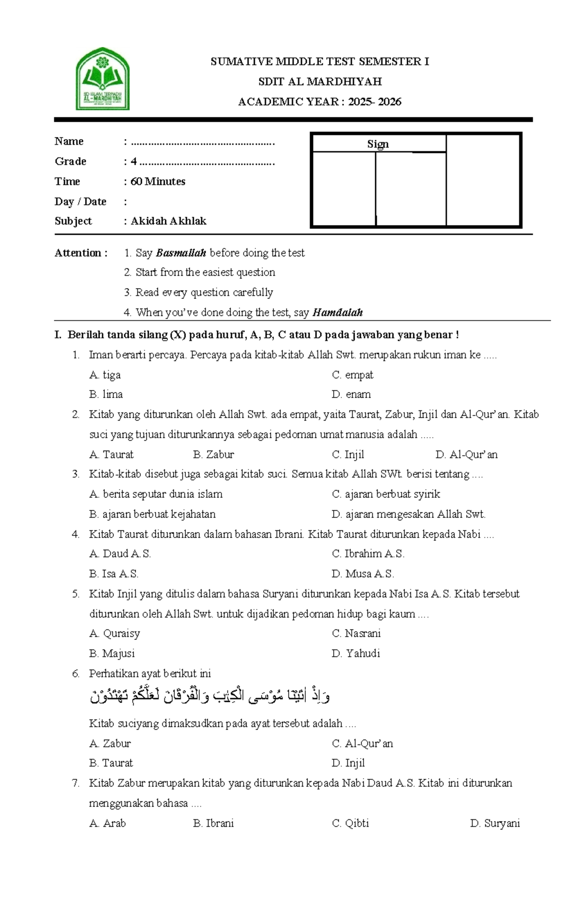 Sumative Middle Test Akidah Akhlak Kelas 4 Semester I 2026 - Studocu