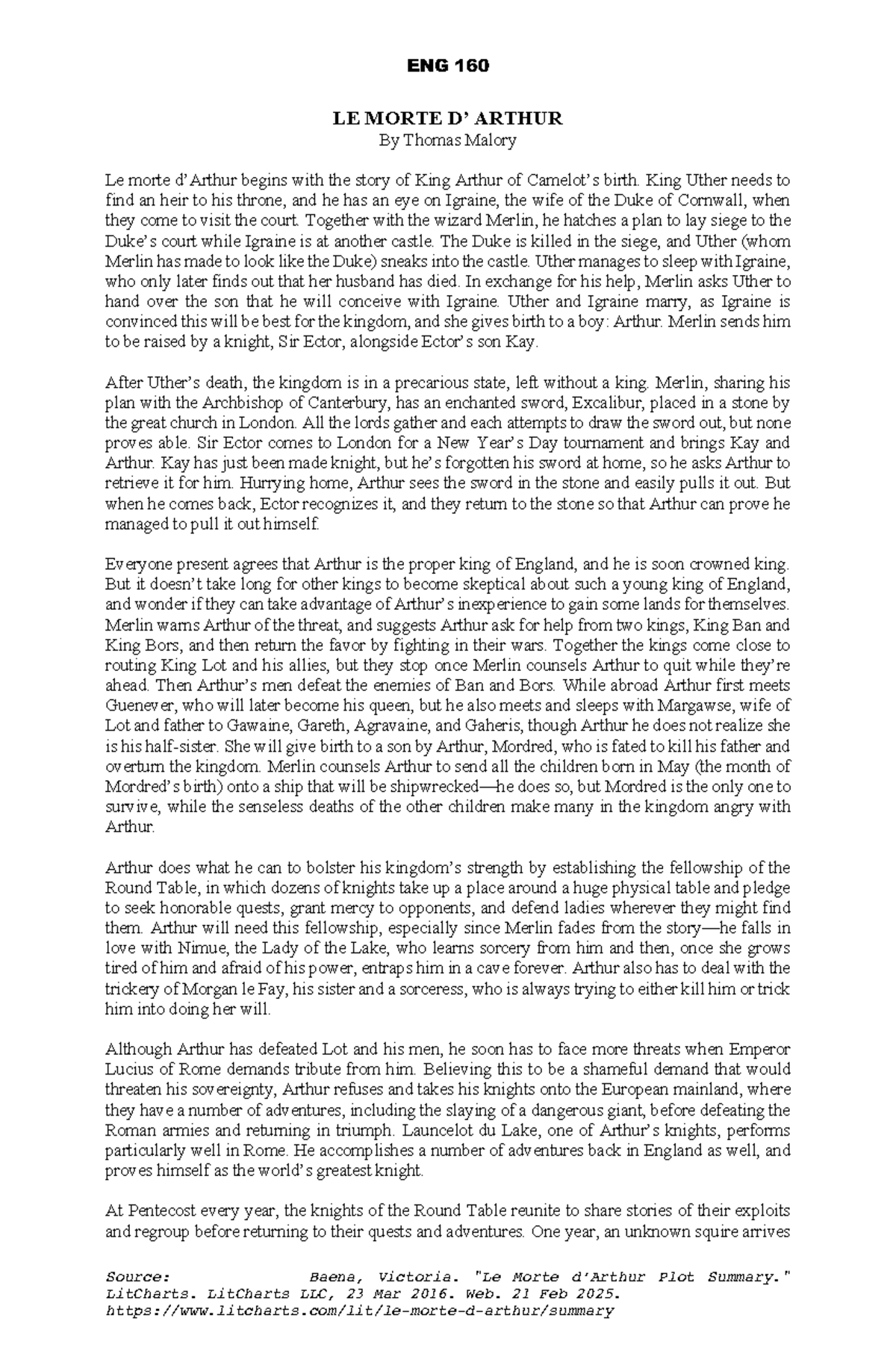 ENG 160 Final Exam Study Notes: LE Morte D'Arthur Overview - Studocu