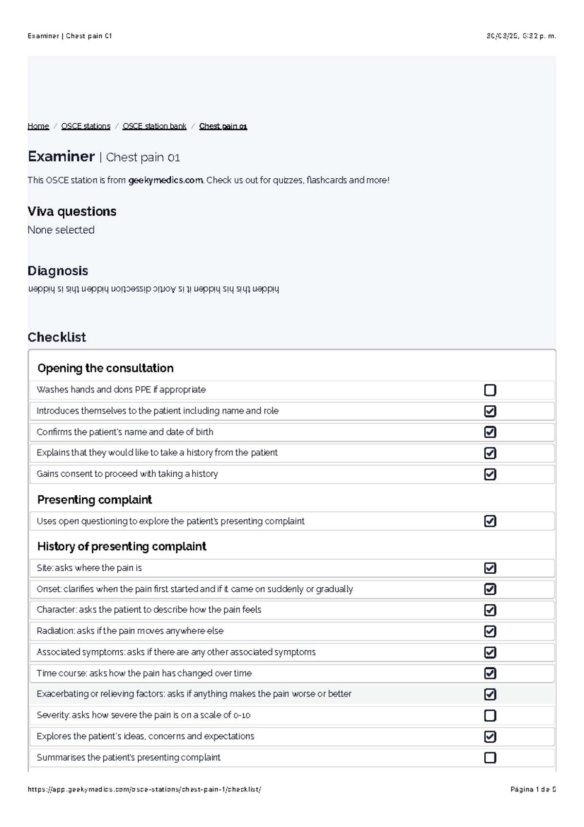ECOE Chest Pain OSCE Station 01: Examiner Guidelines and Checklist ...