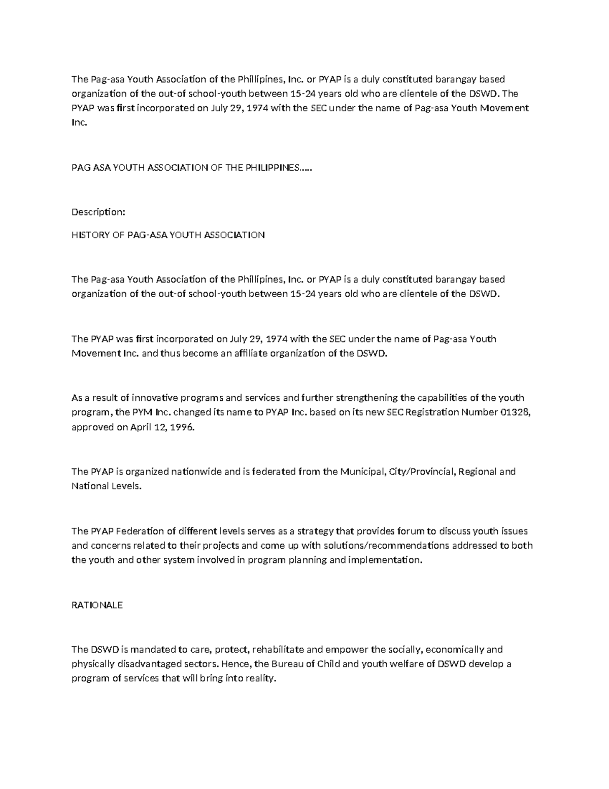 PYAP - History and Objectives of the Pag-asa Youth Association - Studocu