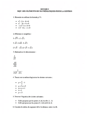Devoir 4 - Exercice de maison dirigés - DEVOIR 4 MQT 1203: ÉLÉMENTS DE MATHÉMATIQUES POUR LA ...