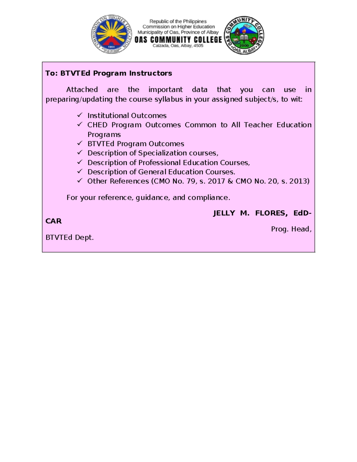 BTVTEd Course Program Outcomes and Subject Descriptions Overview - Studocu