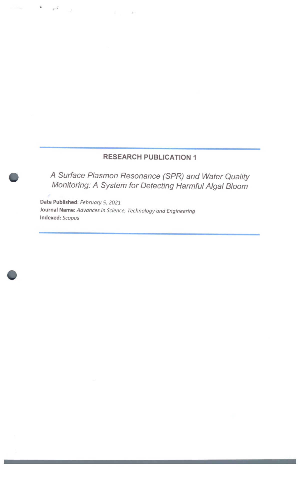 RESEARCH PUBLICATION 1: SPR & Water Quality Monitoring for Harmful ...