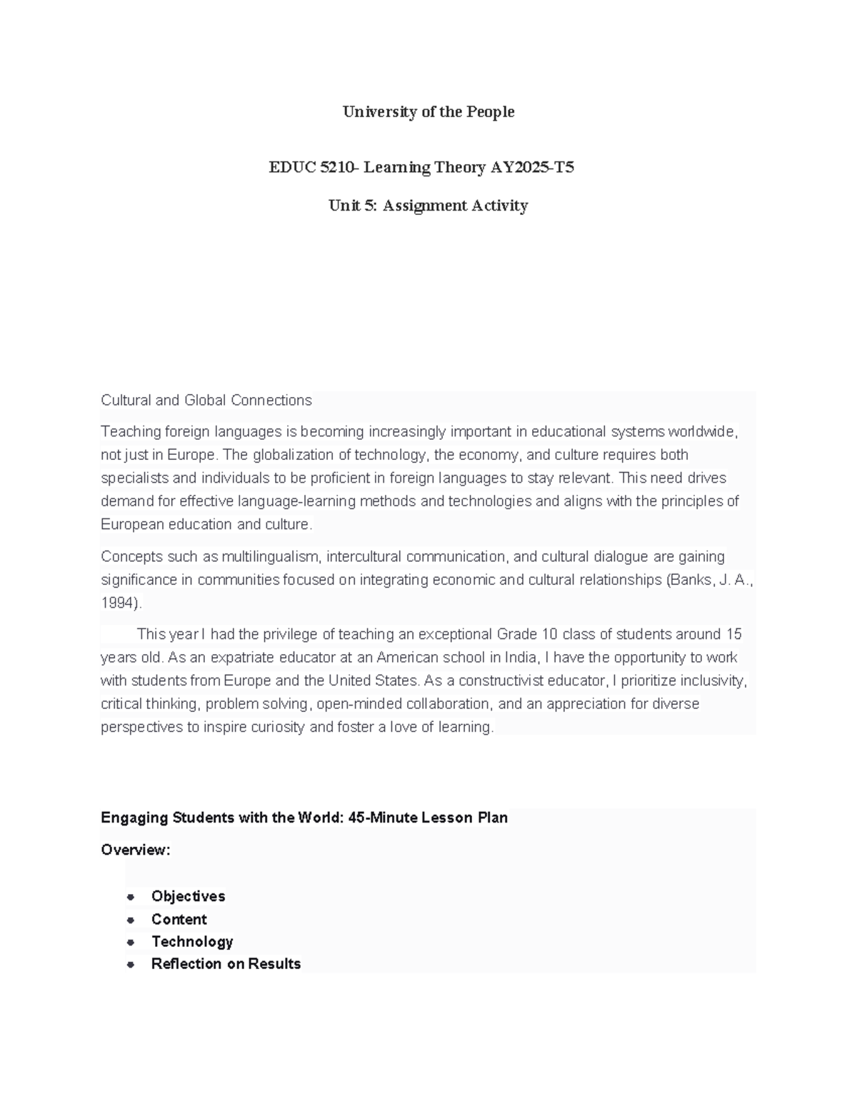 UoPeople EDUC Unit 5: Cultural & Global Connections in Language ...