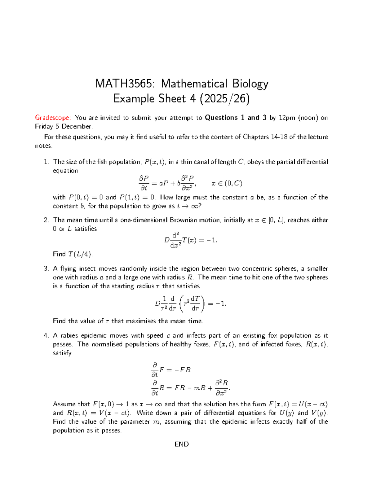 MATH3565: Mathematical Biology Example Sheet 4 Submission Guide - Studocu