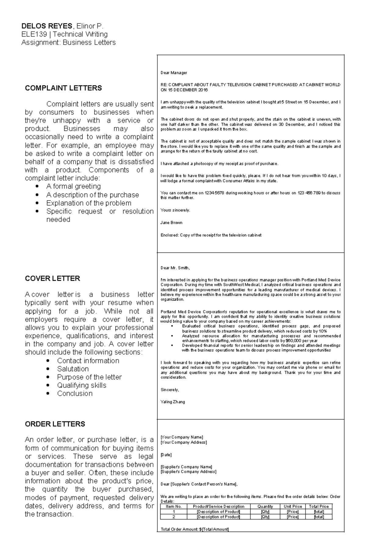 ELE139 Technical Writing: Business Letters Assignment Overview - Studocu