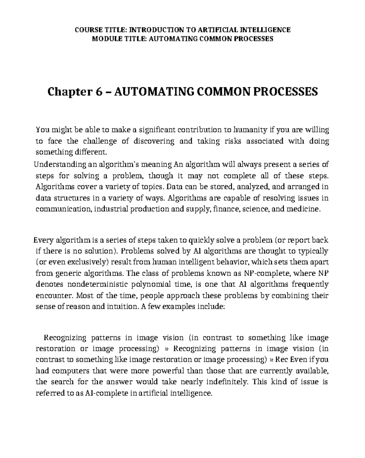 AI 101: Week 6 - Automating Common Processes in Algorithms - Studocu
