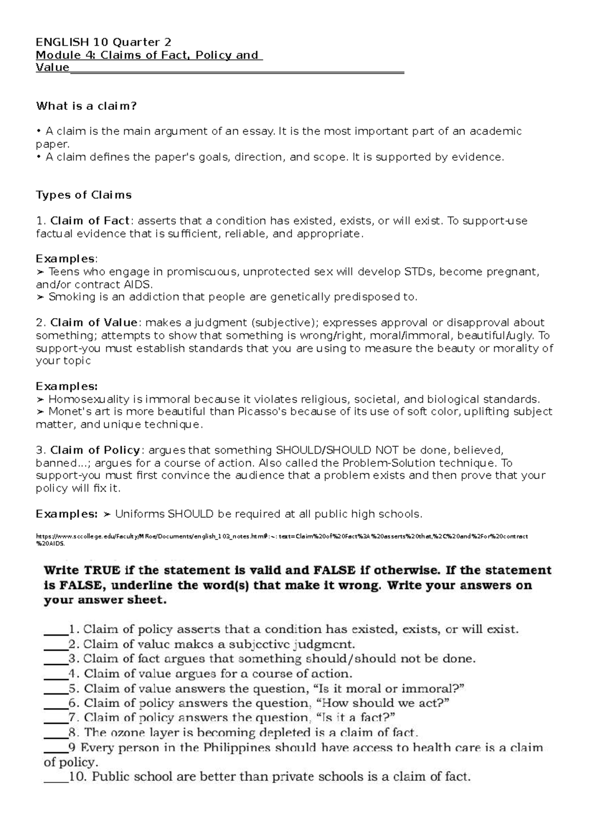 ENGLISH 10 Q2 Module 4: Understanding Claims of Fact, Value, and Policy ...
