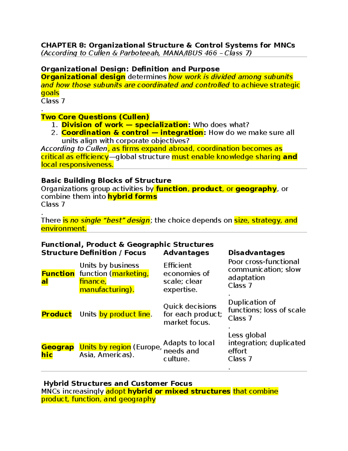 CHAPTER 8: Org Structure Control Systems for MNCs (Cullen, Class 7 ...