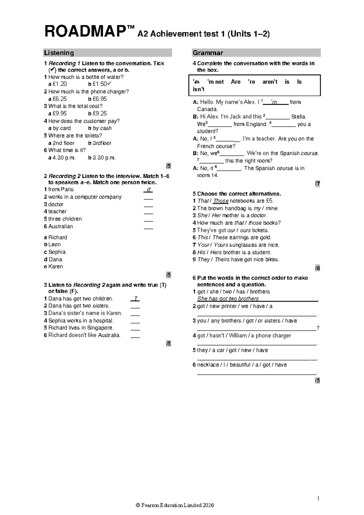 A2 Achievement Test 1: Listening, Grammar, and Vocabulary (Units 1-2 ...