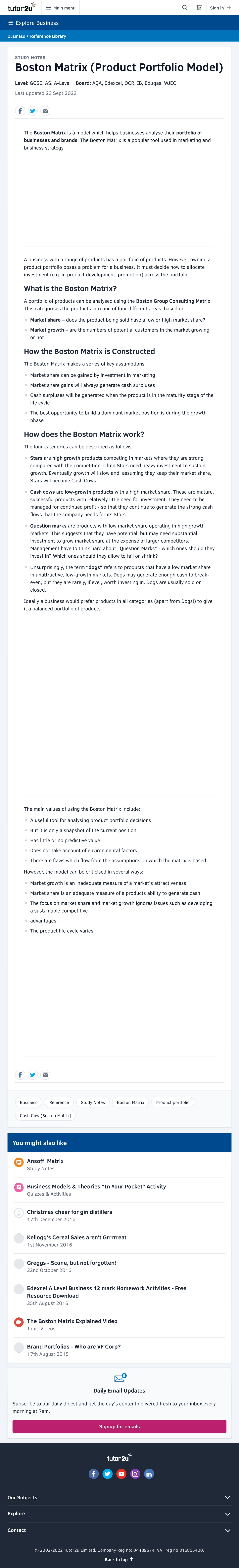 Boston Matrix Study Notes for Business Tutor 2U - Studocu