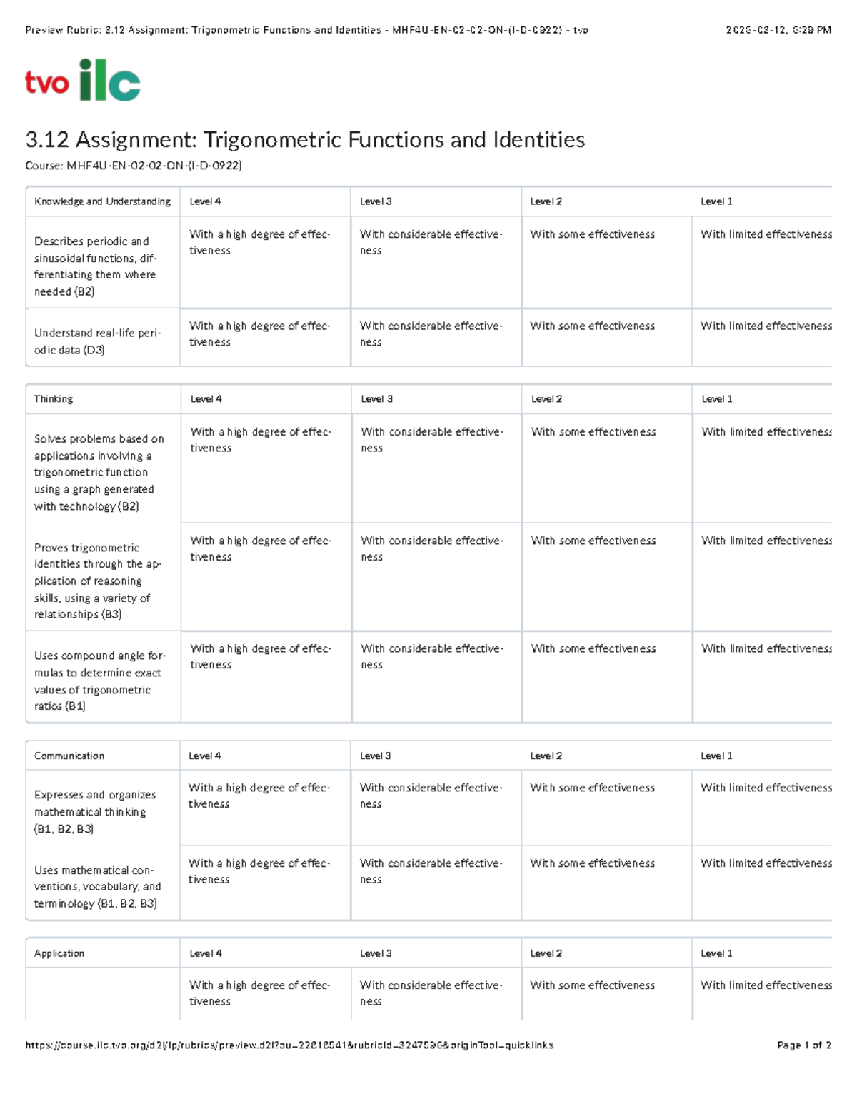 Preview Rubric: MHF4U Trigonometric Functions & Identities Assignment ...
