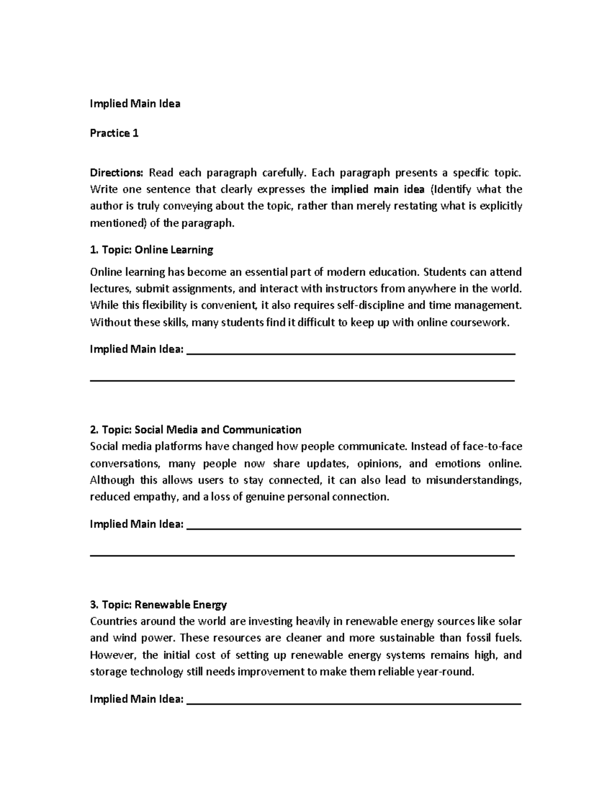 Implied Main Idea Practice 1: Understanding Key Concepts - Studocu
