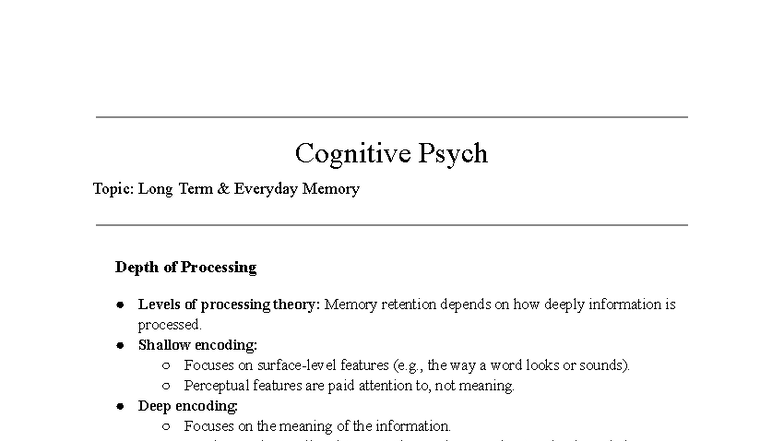 Cognitive Psych Notes 2025: Long Term Memory & Depth of Processing ...