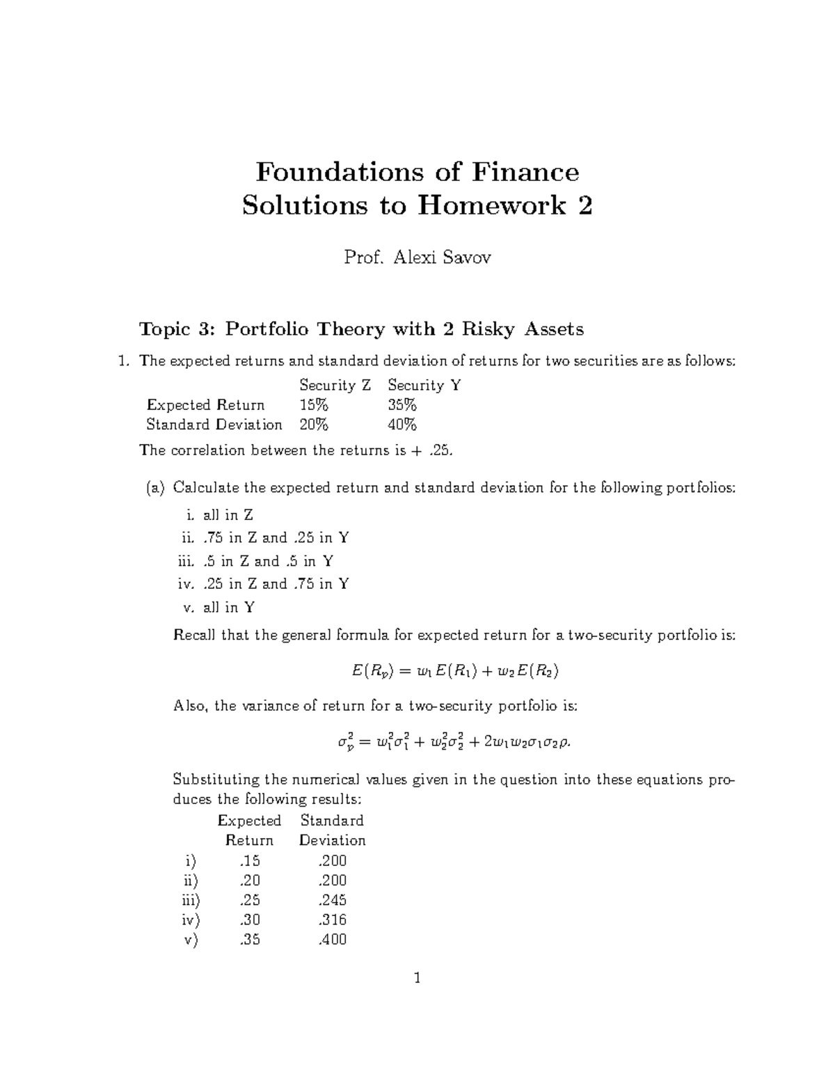 Foundations of Finance - Assignment 2 Solutions (Portfolio Theory ...