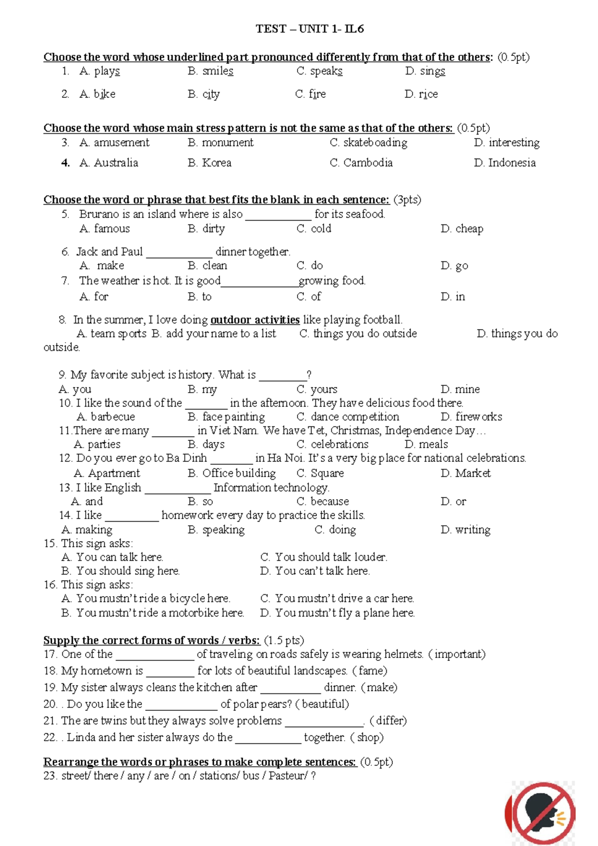 TEST-Unit 1 IL6 - Pronunciation and Vocabulary Exercises - Studocu