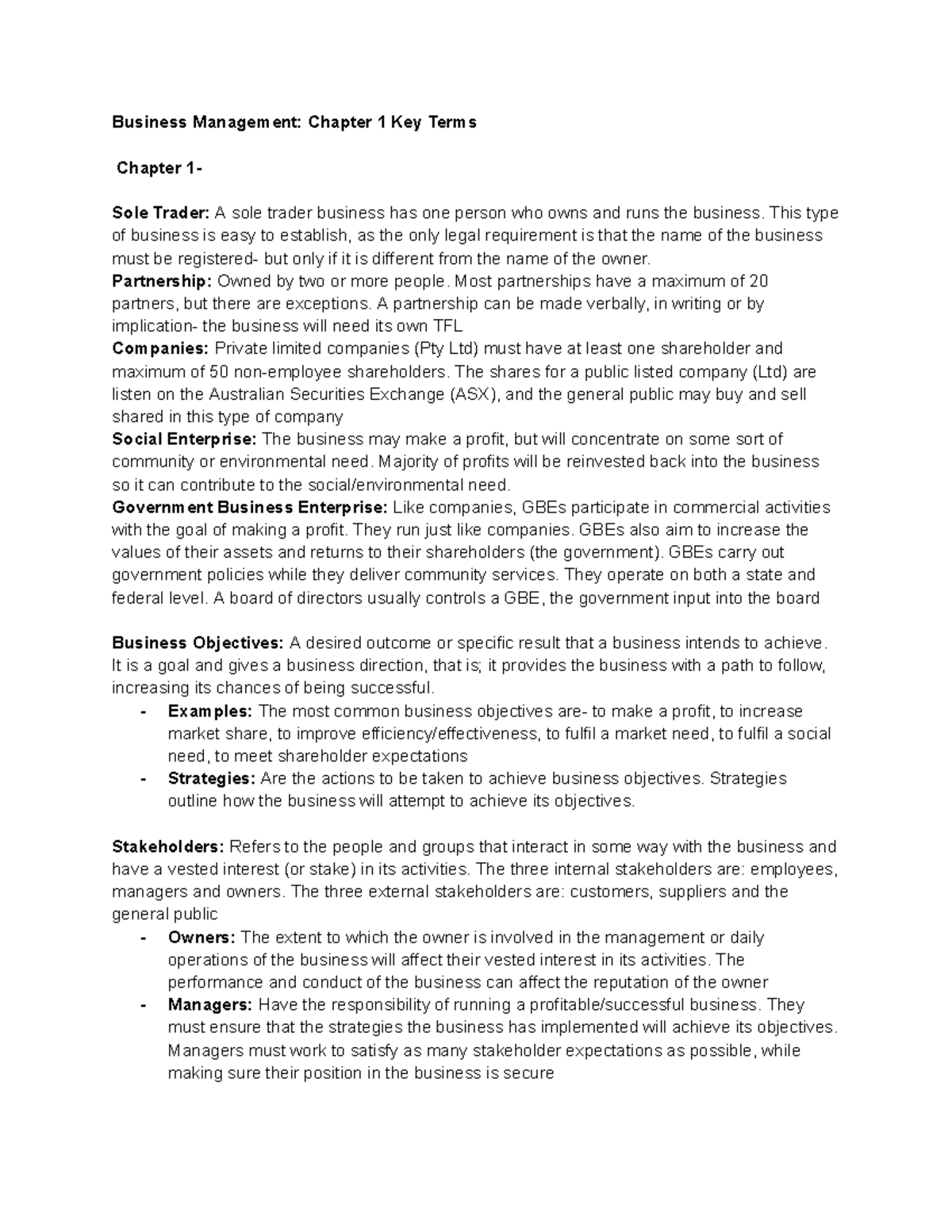 Business Management (BM101): Chapter 1 Key Terms Overview - Studocu