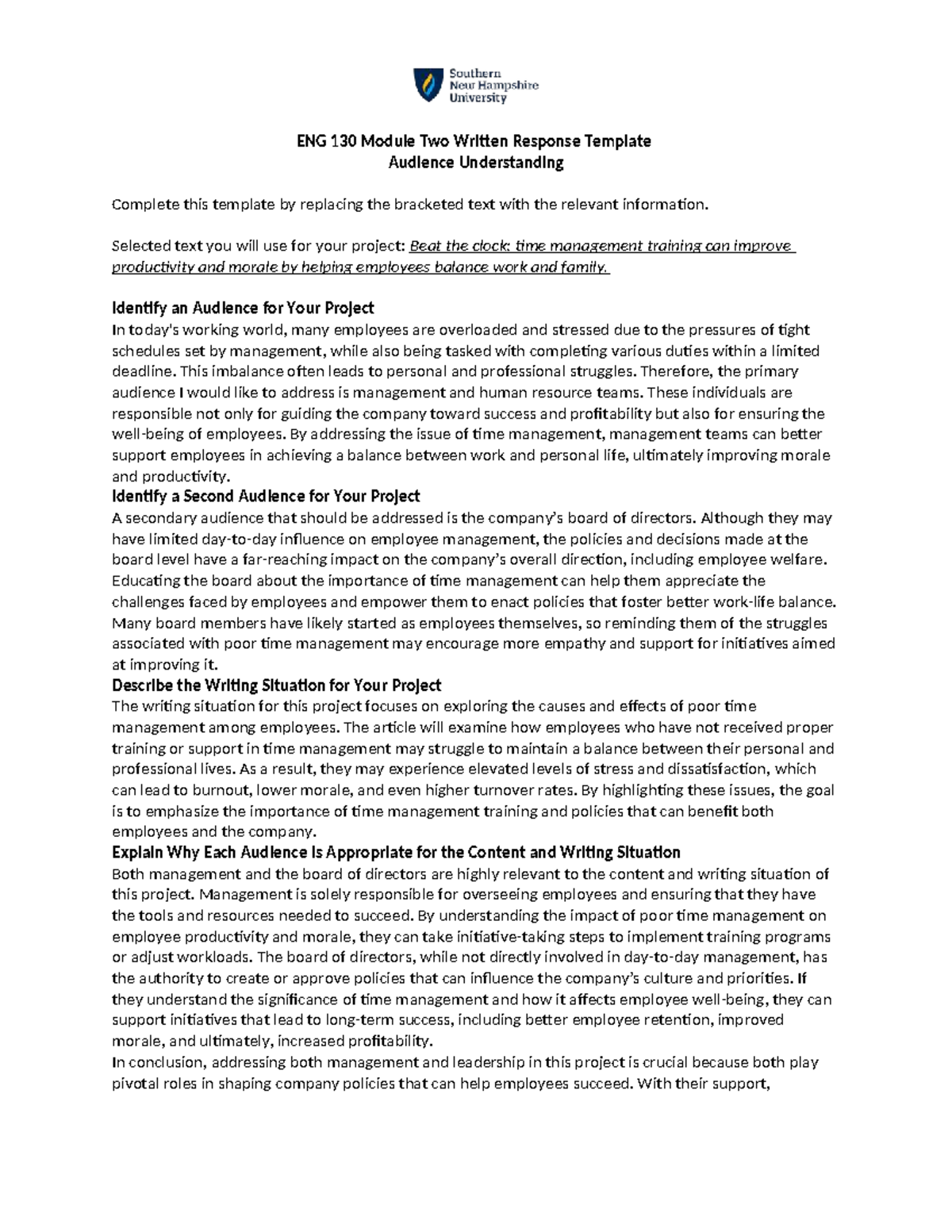 ENG 130 Module 2-2 Essay: Addressing Time Management Challenges - Studocu