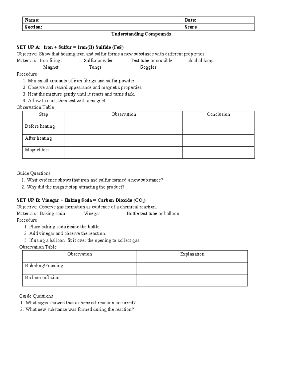 Compounds Experiments Worksheet: Understanding Chemical Reactions - Studocu
