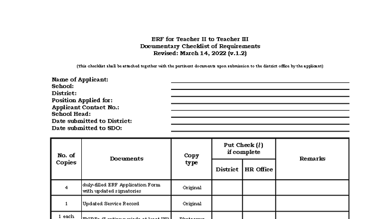 ERF Checklist for Teacher II & III Applications (Revised March 2022 ...