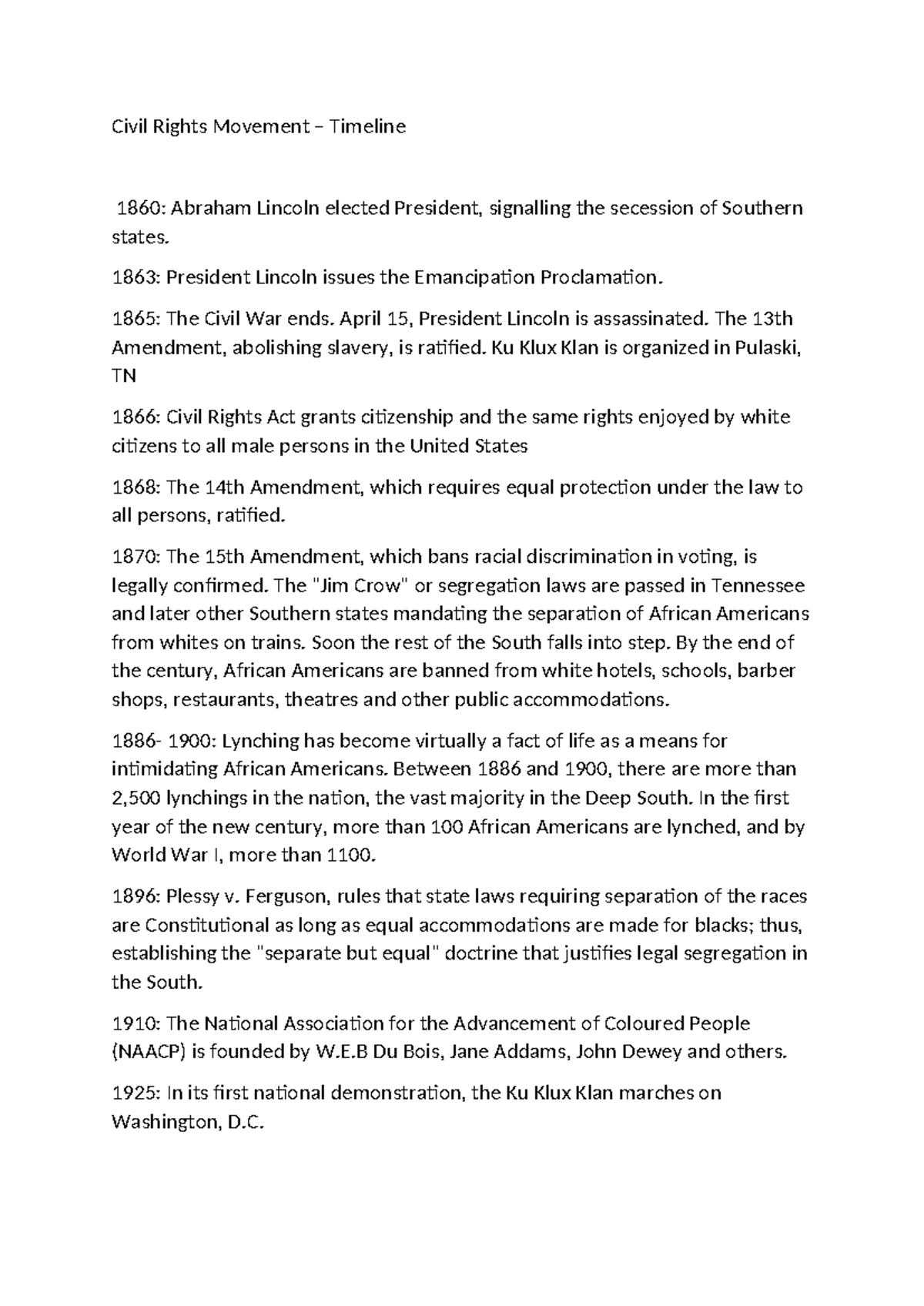 Civil Rights Movement Timeline: Key Events (1860-1967) - Studocu