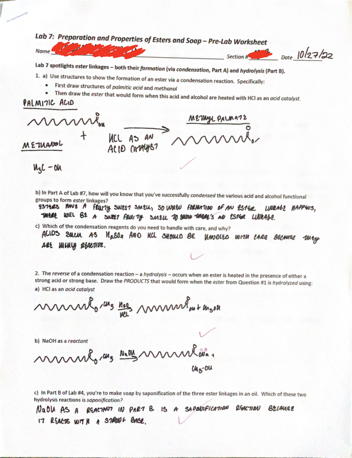 Lab 7 prelab - Lab 7: Preparation and Properties of Esters and Soap Worksheet Name Section Date ...