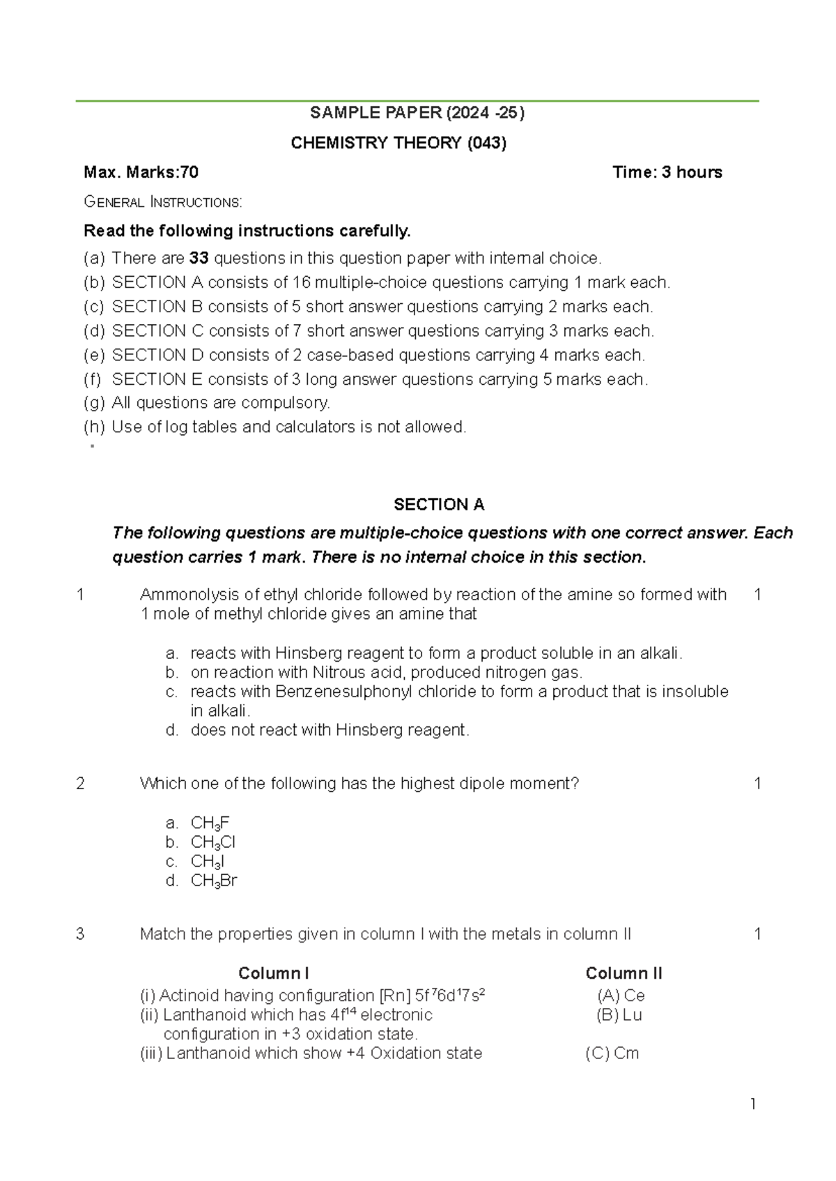 12-Chemistry-SQP Sample Paper (2024-25) - Theory and Questions - Studocu