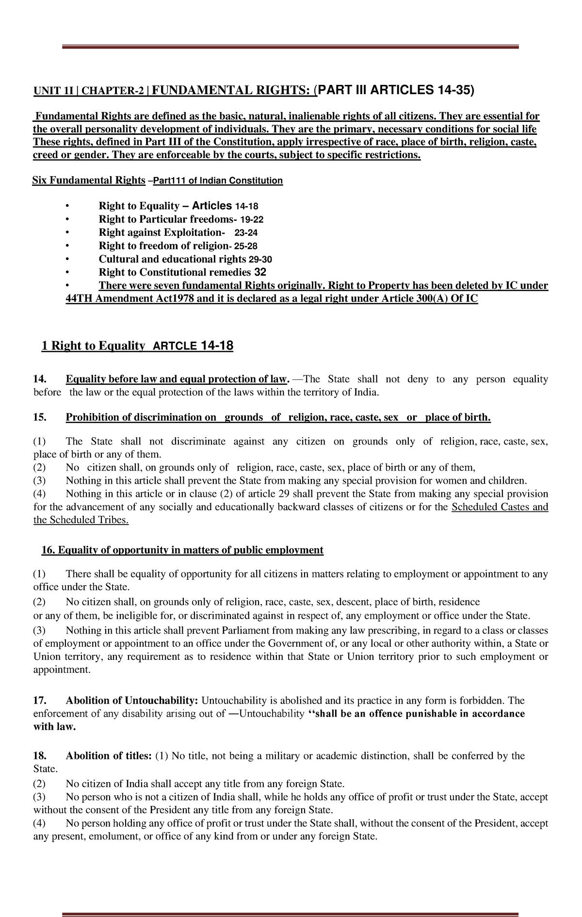 CIP Notes - UNIT II - Fundamental Rights & Directive Principles - Studocu