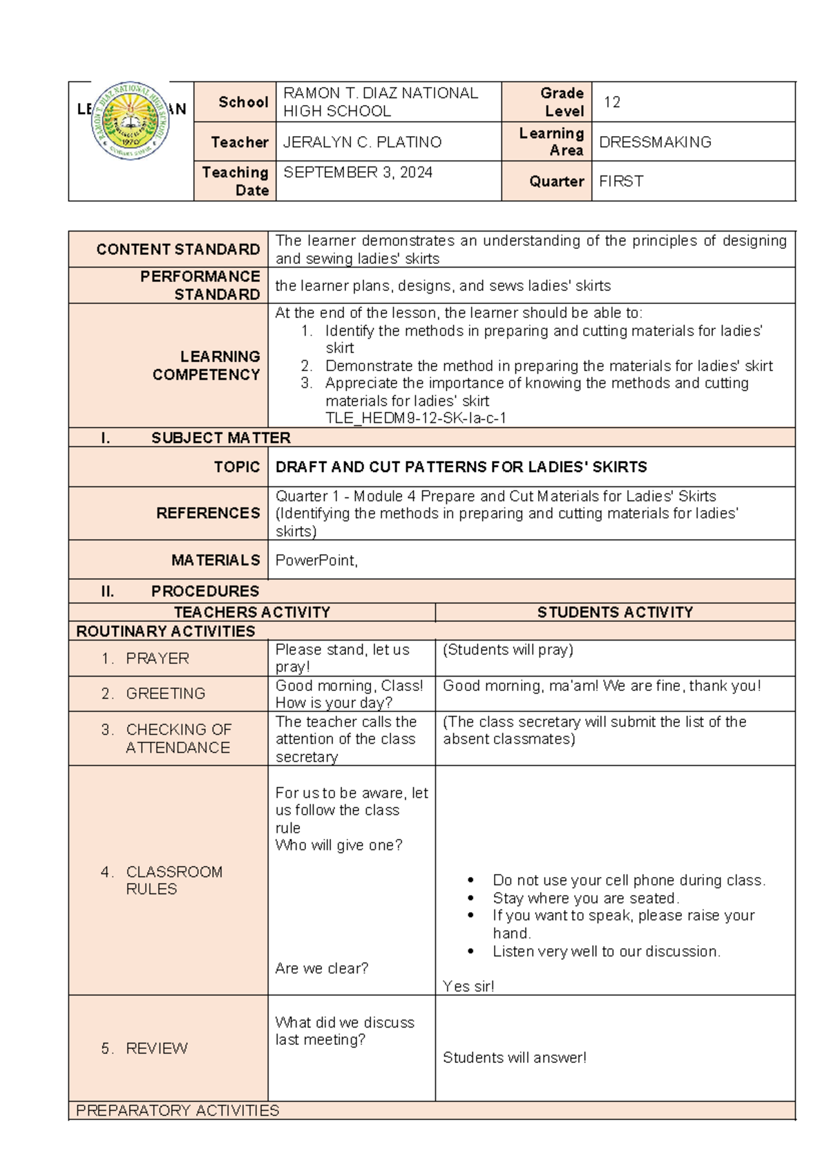 9-3-24 Dressmaking Prepare Materials - DETAILED LESSON PLAN School ...