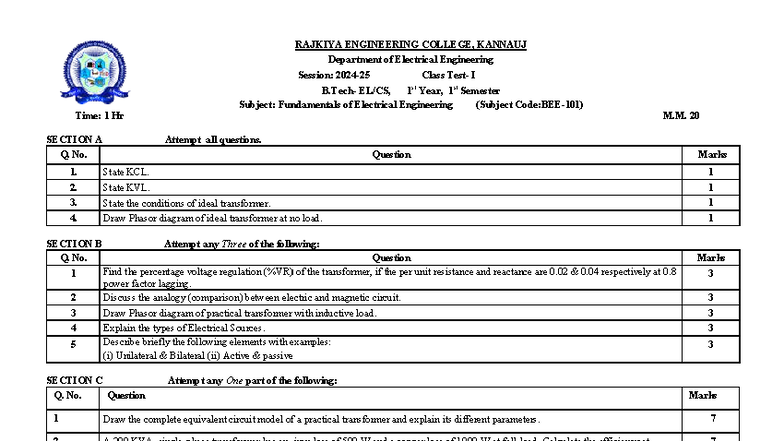 BEE-101 CT1 QP - Important Questions on Electrical Engineering Fundamentals - Studocu