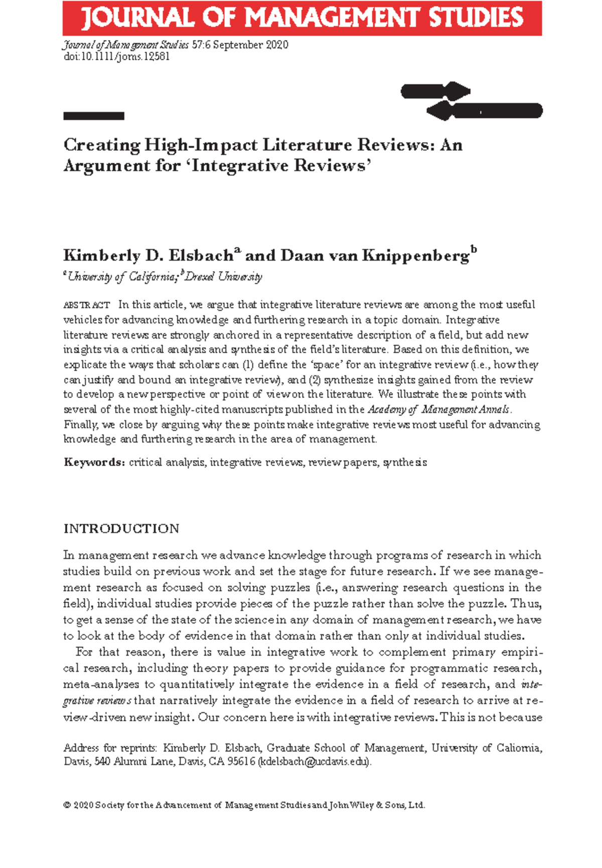 Elsbach & Knippenberg 2020 Creating High-Impact Literature Reviews ...