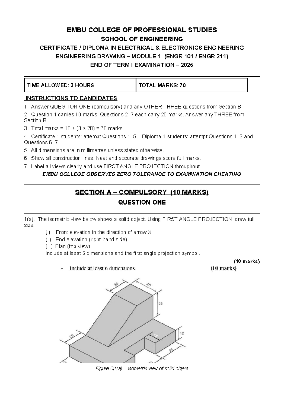 ENGR 101/ENGR 211 End of Term I Exam: Engineering Drawing 2025 - Studocu