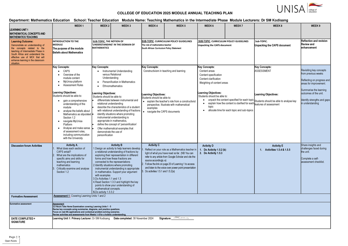 Teaching Mathematics in the Intermediate Phase: Annual Plan 2025 (EDU ...