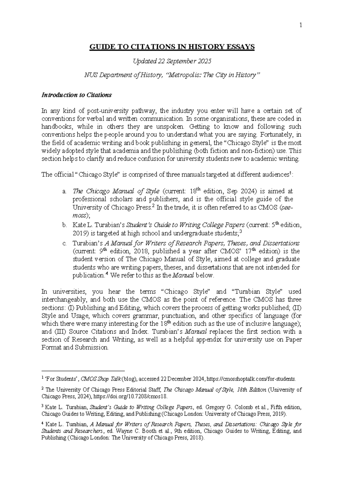 NUS Citation Guide for History Essays: Chicago Style Essentials - Studocu