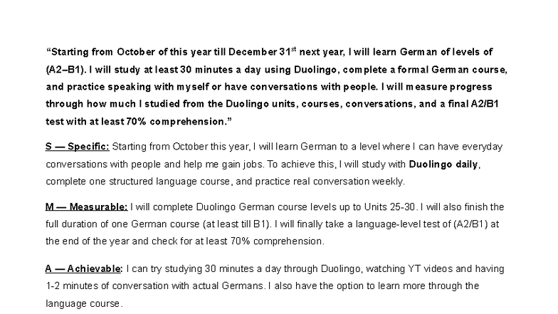 Task 6: SMART Goals for German Learning (TRRG) - Studocu