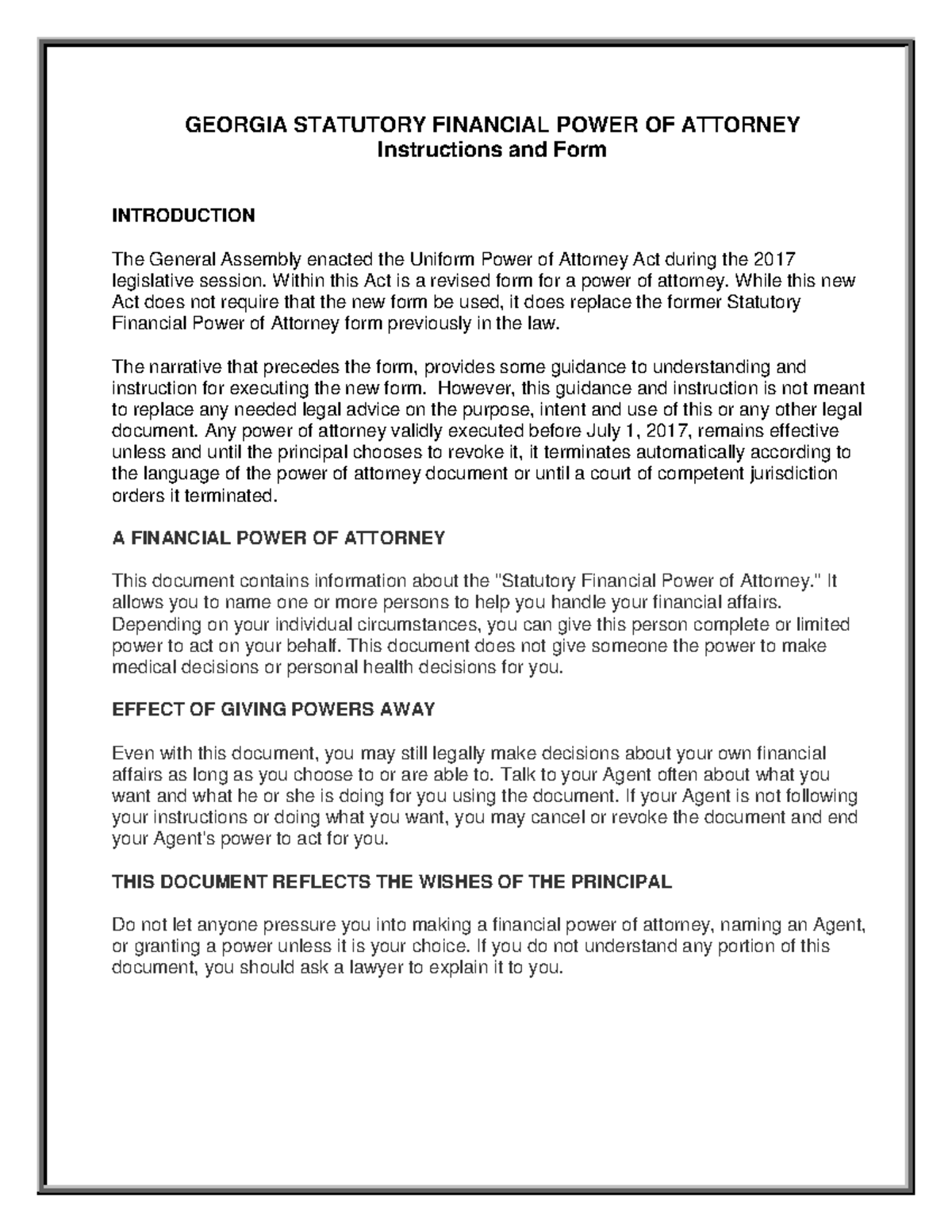 GA Statutory Financial Power of Attorney Instructions & Form (2017 ...