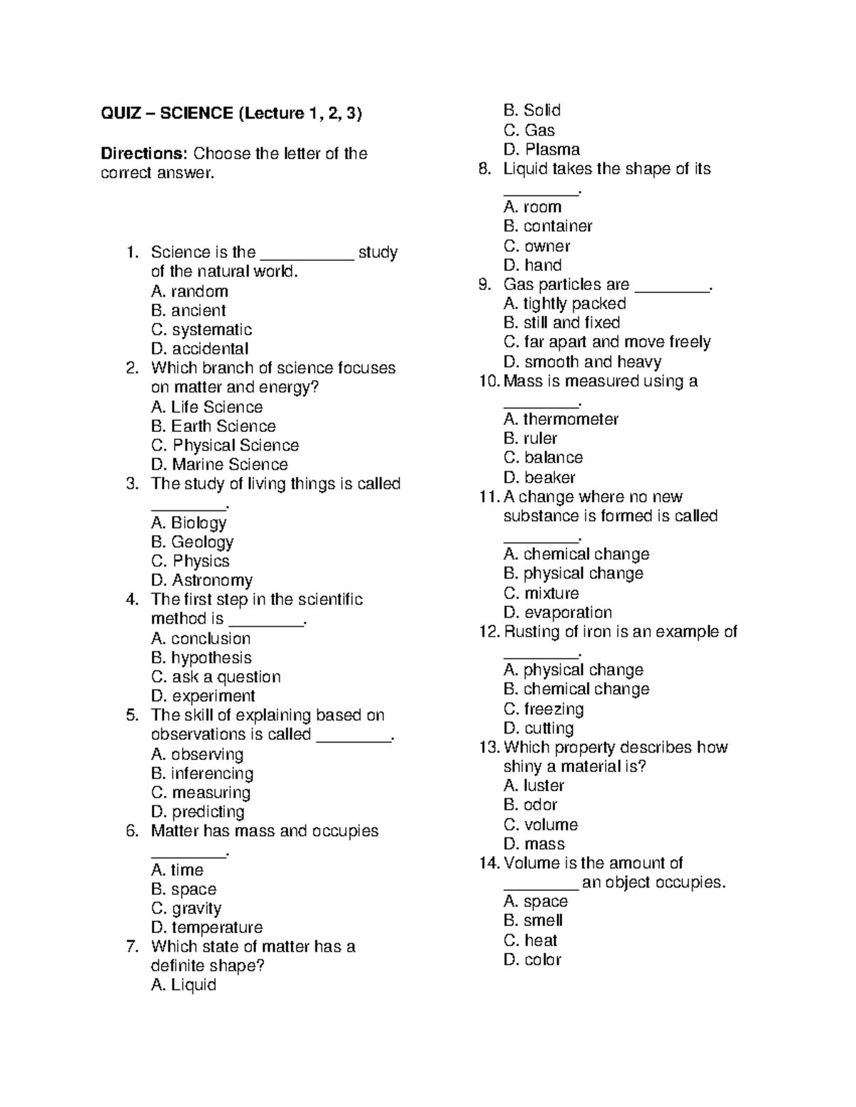 QUIZ SCI 101 - WEEK 1 & 2: Introductory Concepts Assessment - Studocu