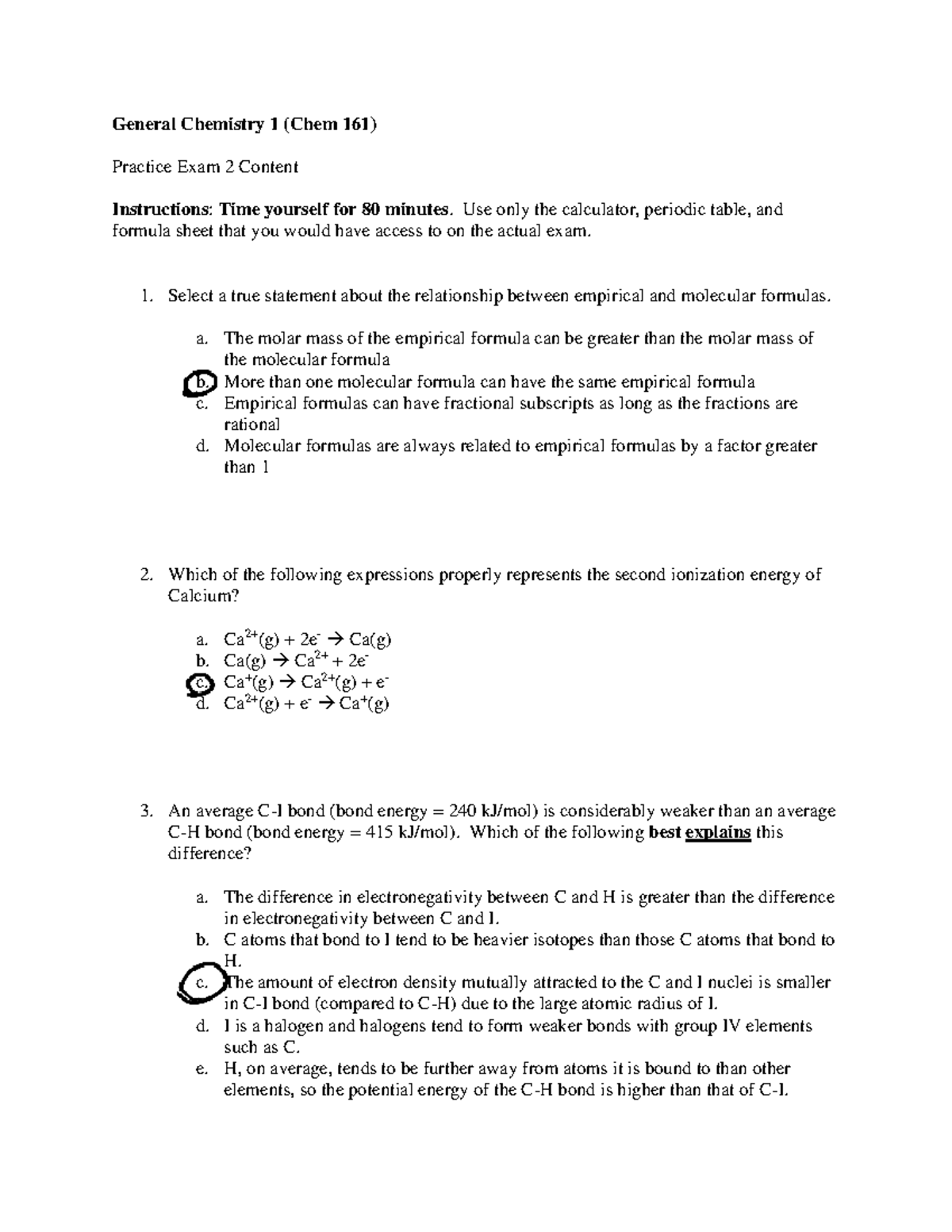 General Chemistry 1 (Chem 161) Exam 2 Practice Answer Key - Studocu