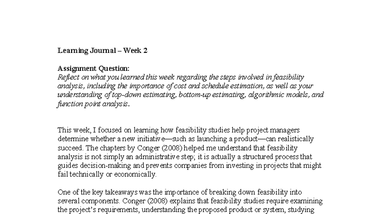 Learning Journal Entry: Feasibility Analysis Insights (Week 2) - Studocu