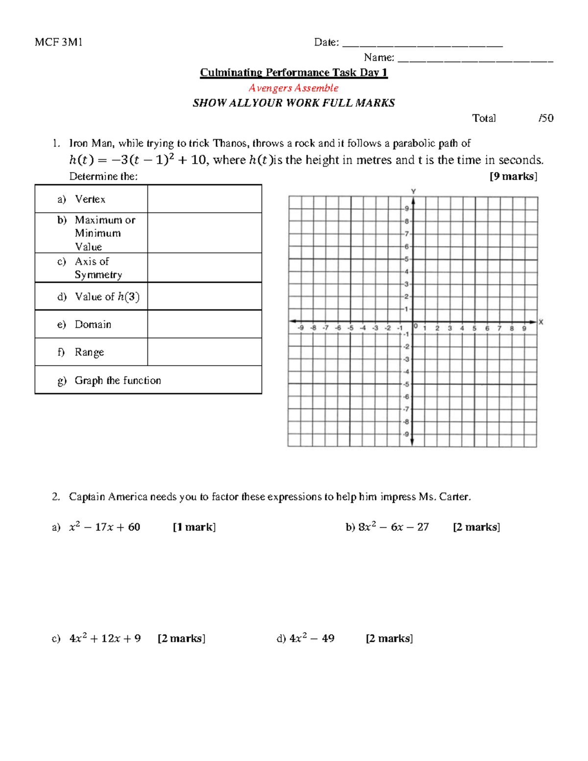 CPT Grade 12 MCF 3M1: Avengers Assemble Performance Task - Studocu