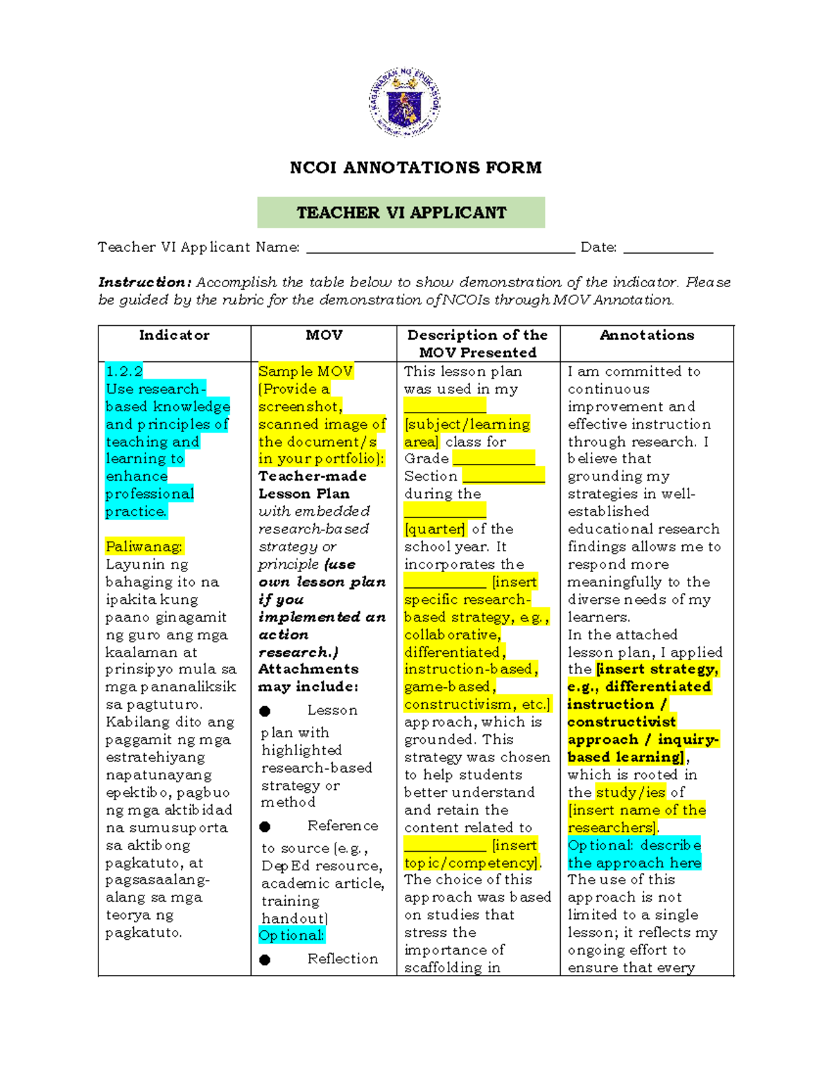 NCOI Teacher VI Applicant: Demonstrating Effective Teaching Practices ...