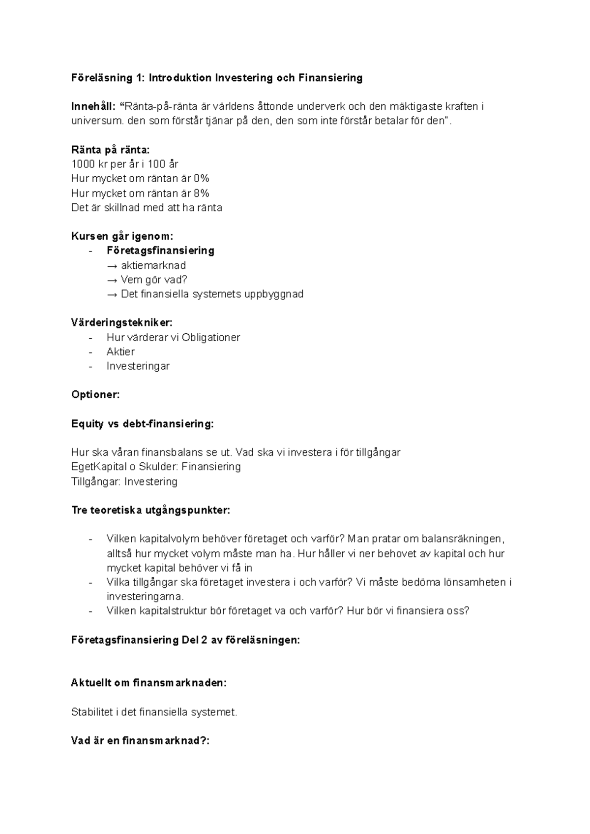 Investering och Finansiering: Anteckningar från Föreläsningarna F2 ...