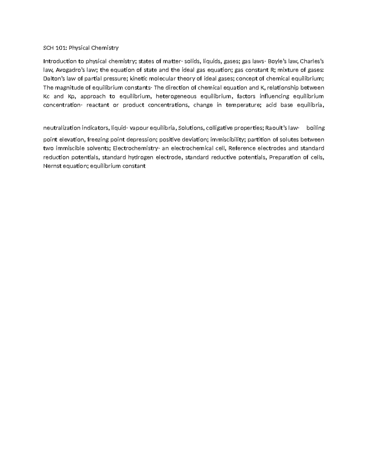 SCH 101 - Overview of Physical Chemistry Concepts and Laws - Studocu
