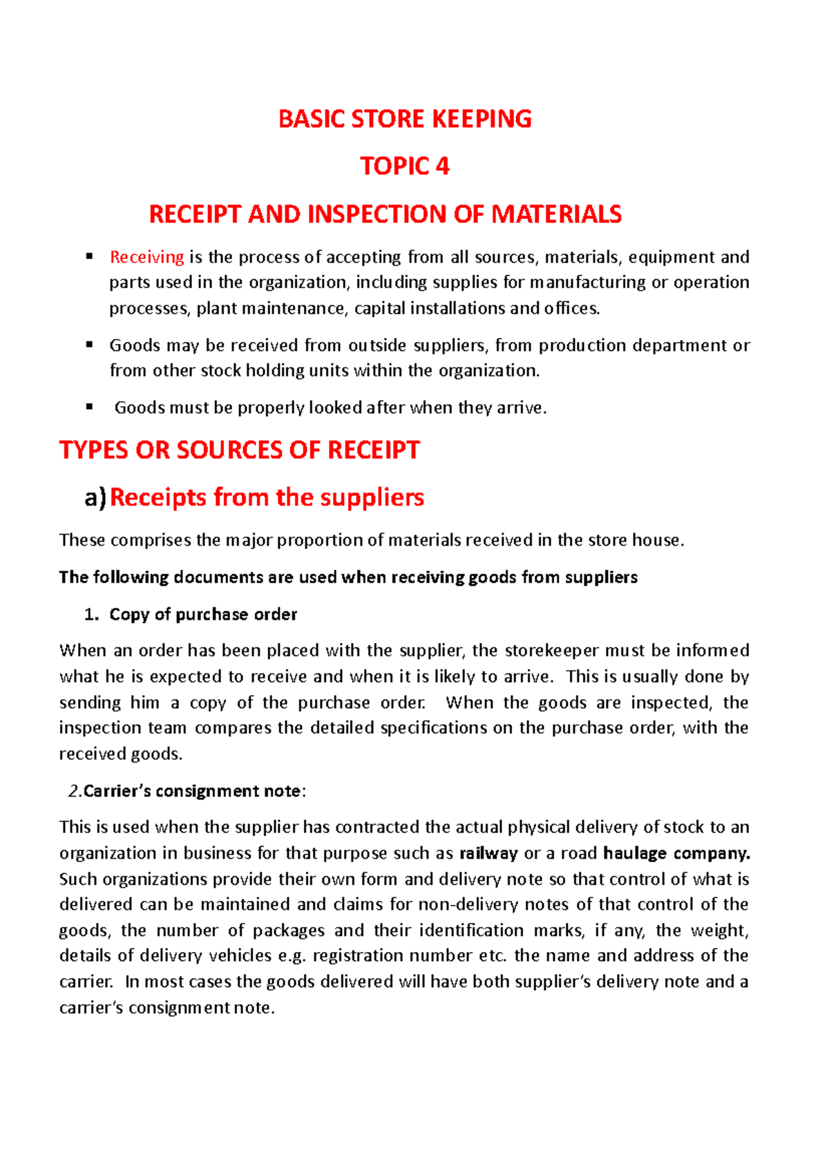 Basic Store Keeping L4: Receipt & Inspection of Materials - Studocu