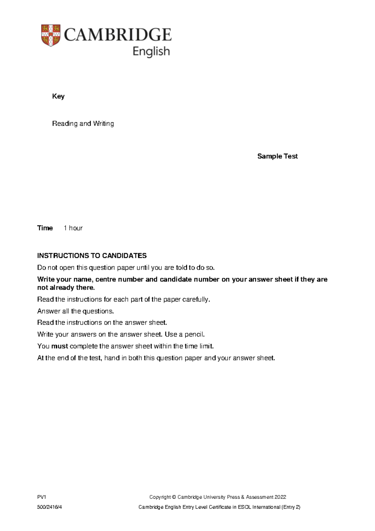 A2 Key 2022 Sample Tests: Reading & Writing Question Paper - Studocu